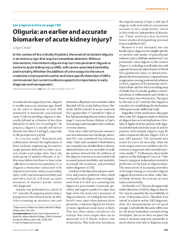 (PDF) Oliguria: an earlier and accurate biomarker of acute kidney ...