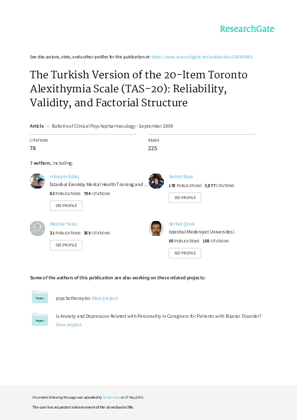 (PDF) The Turkish Version of the 20-Item Toronto Alexithymia Scale (TAS ...