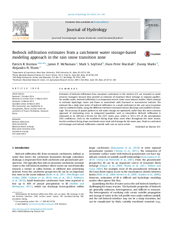 Pdf Bedrock Infiltration Estimates From A Catchment Water Storage Based Modeling Approach In