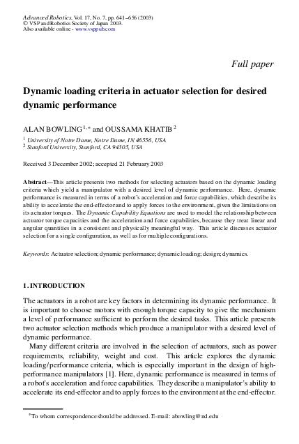 (PDF) Dynamic loading criteria in actuator selection for desired ...