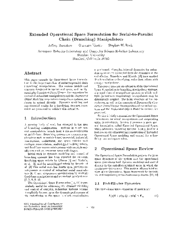 Pdf Xtended Operational Space Formulation For Serial To Chain Branching Manipulators