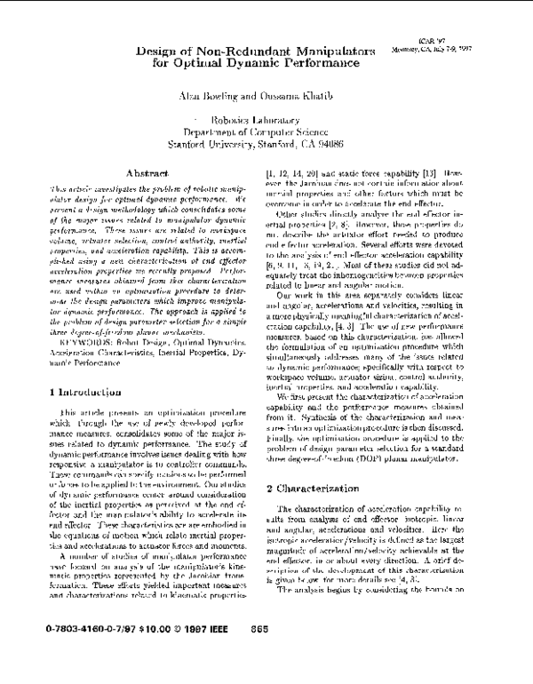 (PDF) Design of non-redundant manipulators for optimal dynamic performance