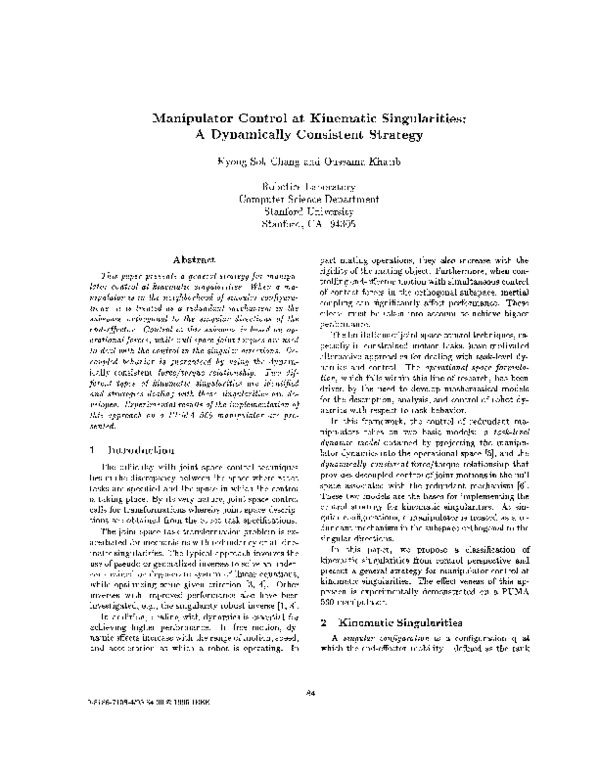 (PDF) Manipulator control at kinematic singularities: a dynamically consistent strategy