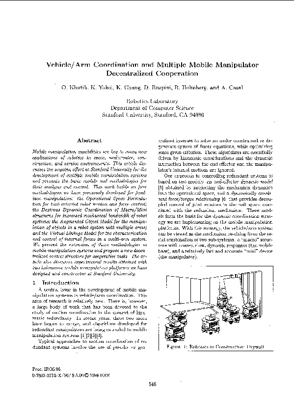 (PDF) Vehicle/arm coordination and multiple mobile manipulator decentralized cooperation