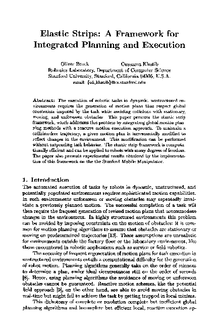 (PDF) Elastic strips: A framework for integrated planning and execution