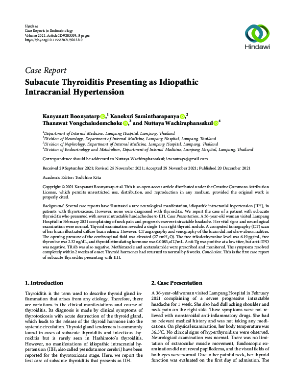 (PDF) Subacute Thyroiditis Presenting as Idiopathic Intracranial Hypertension