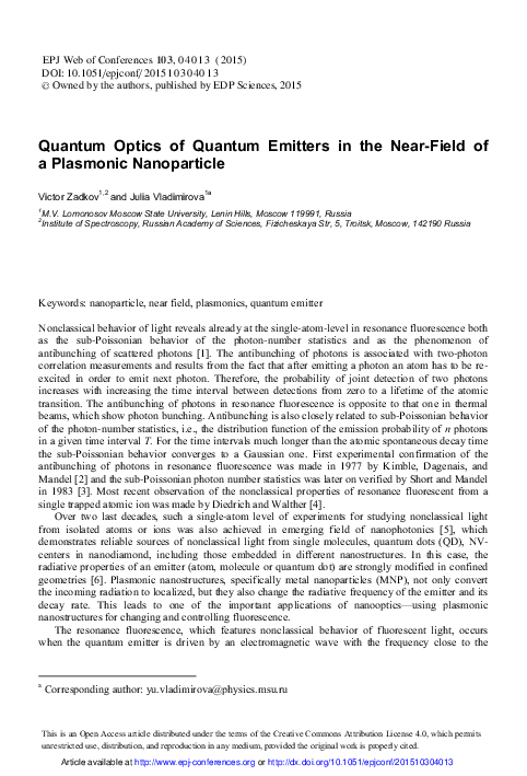 (PDF) Quantum Optics of Quantum Emitters in the Near-Field of a Plasmonic Nanoparticle