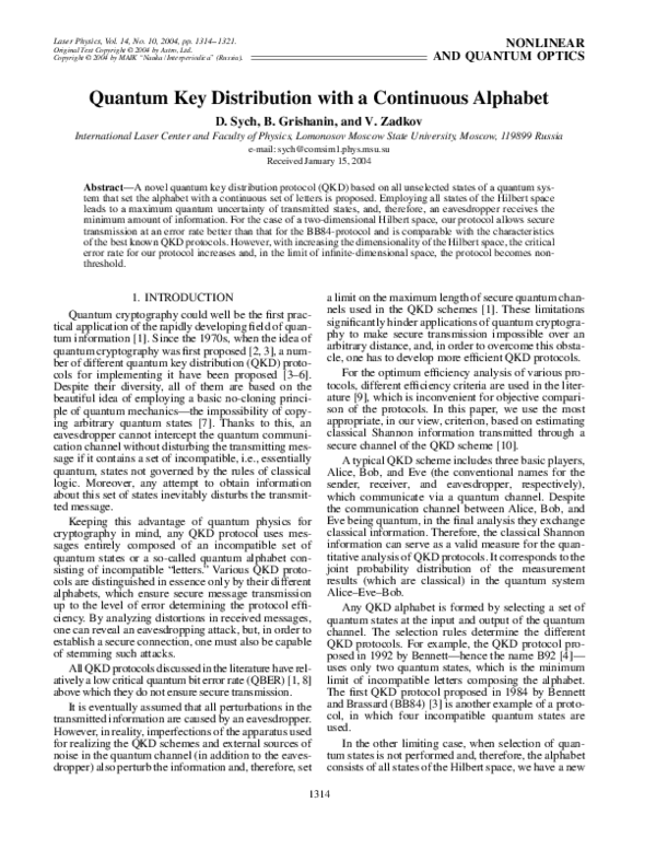 (PDF) Quantum Key Distribution with a Continuous Alphabet