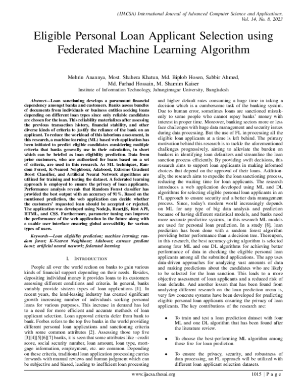 (PDF) Eligible Personal Loan Applicant Selection using Federated ...