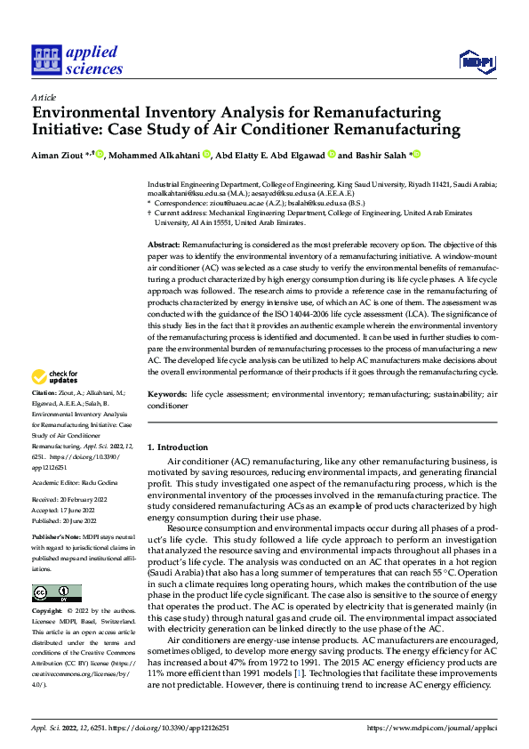 (PDF) Environmental Inventory Analysis for Remanufacturing Initiative: Case Study of Air ...