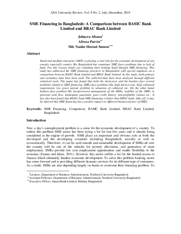 (PDF) SME Financing in Bangladesh: A Comparison between BASIC Bank ...