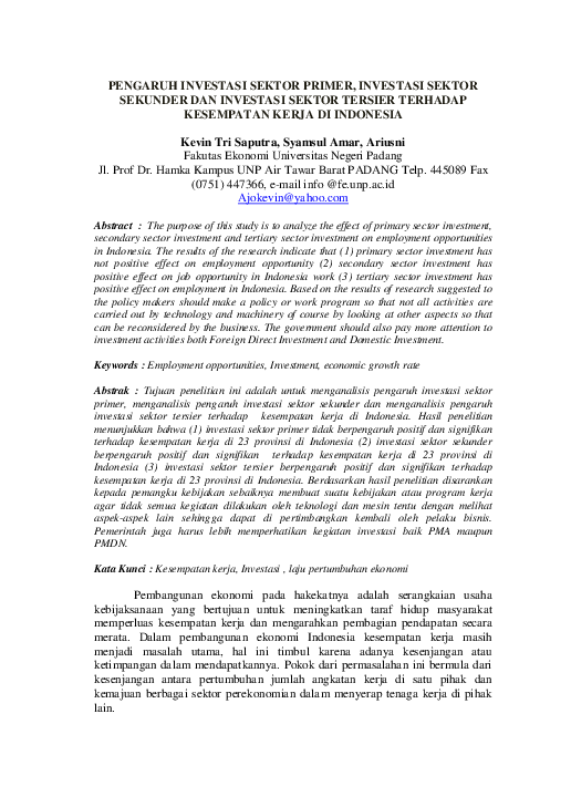 (PDF) Pengaruh Investasi Sektor Primer, Investasi Sektor Sekunder Dan Investasi Sektor Tersier ...