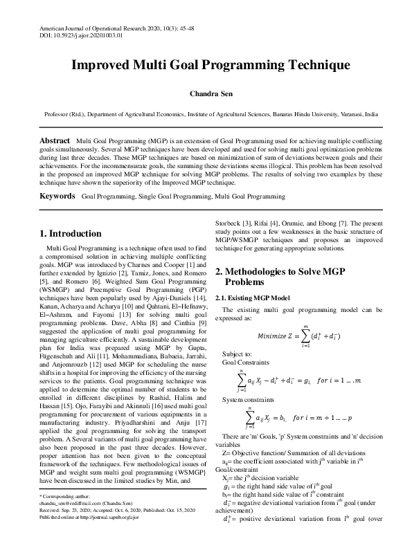 (PDF) Improved Multi Goal Programming Technique