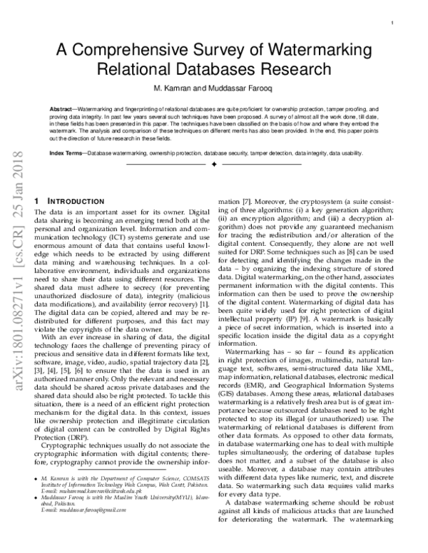 (PDF) A Comprehensive Survey of Watermarking Relational Databases Research