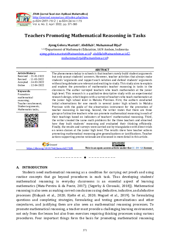 (PDF) Teachers Promoting Mathematical Reasoning in Tasks