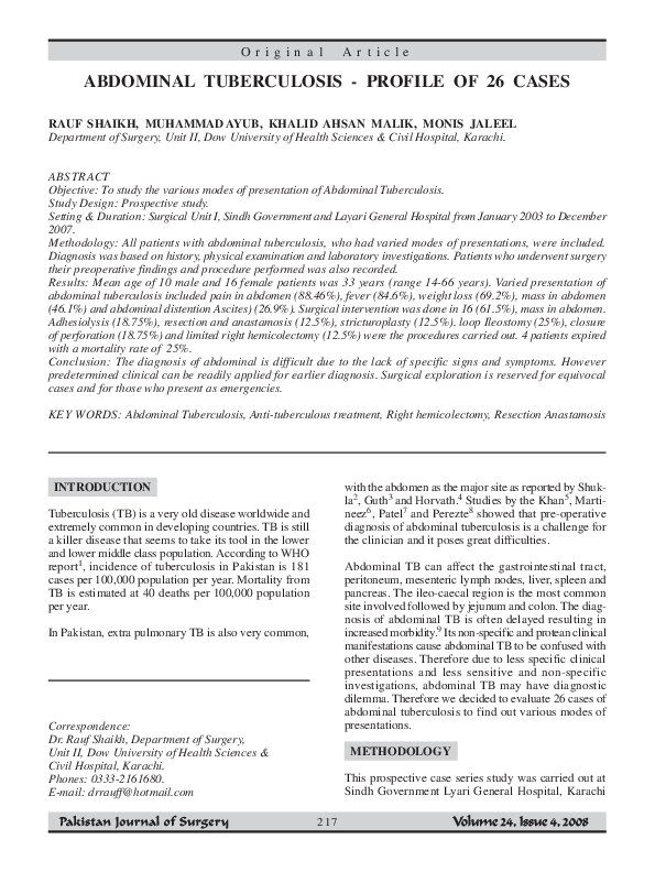 (PDF) Abdominal tuberculosis: profile of 26 cases | Muhamad Ayub - Academia.edu