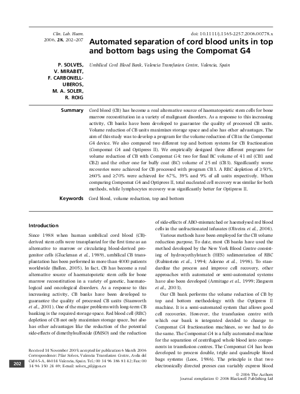 (PDF) Automated separation of cord blood units in top and bottom bags ...
