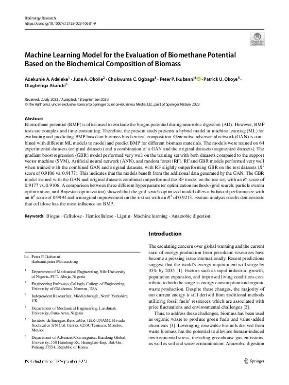 (PDF) Machine Learning Model for the Evaluation of Biomethane Potential Based on the Biochemical ...