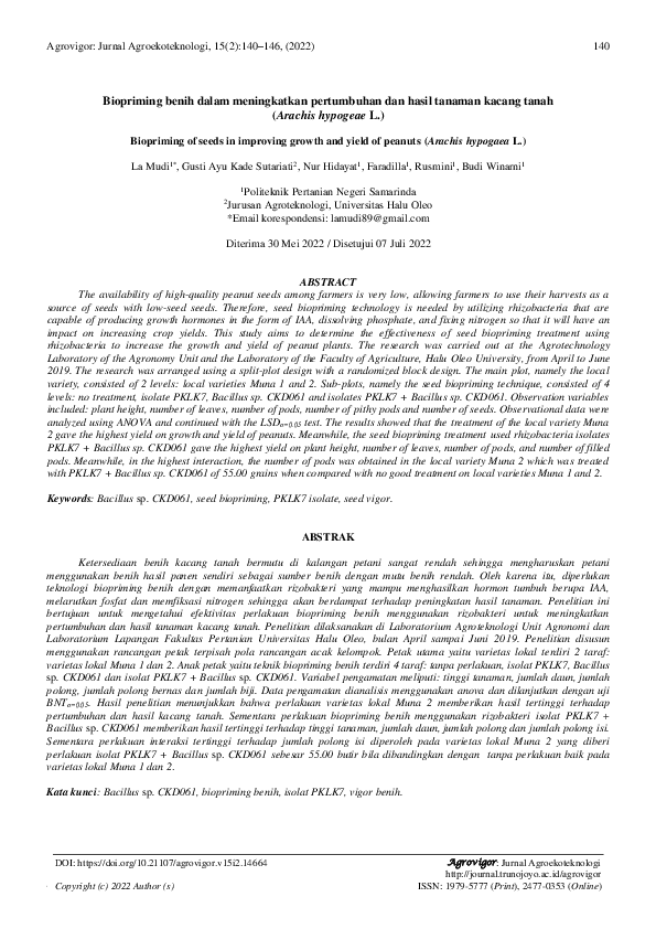 (PDF) Biopriming benih dalam meningkatkan pertumbuhan dan hasil tanaman kacang tanah (Arachis ...
