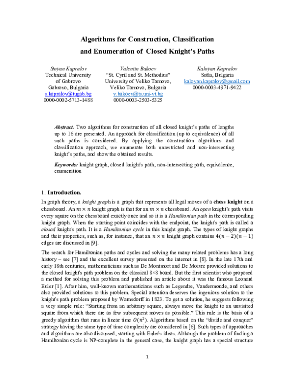 (PDF) Algorithms for Construction, Classification and Enumeration of Closed Knight's Paths