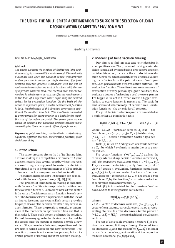 Pdf The Using The Multi Criteria Optimization To Support The