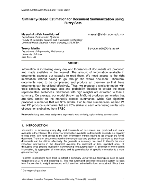 Pdf Similarity Based Estimation For Document Summarization Using