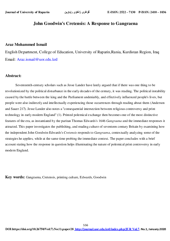 John Goodwin's Cretensis: A Response to Gangraena