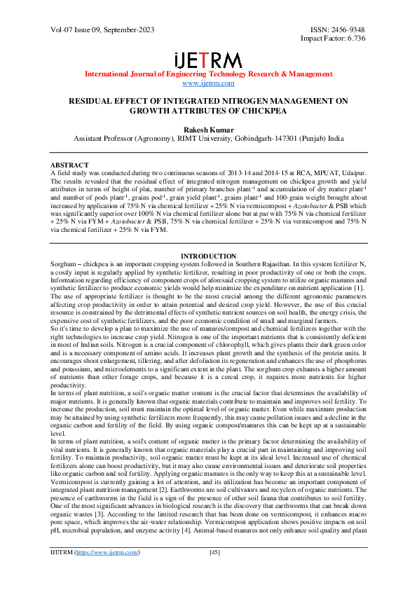 (PDF) RESIDUAL EFFECT OF INTEGRATED NITROGEN MANAGEMENT ON GROWTH ...