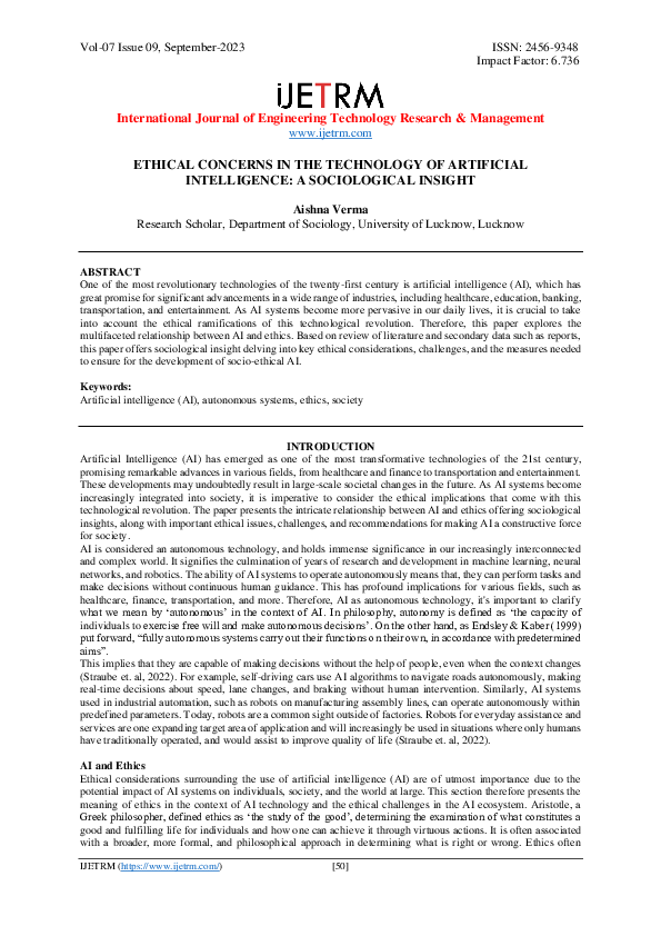 (PDF) ETHICAL CONCERNS IN THE TECHNOLOGY OF ARTIFICIAL INTELLIGENCE: A ...