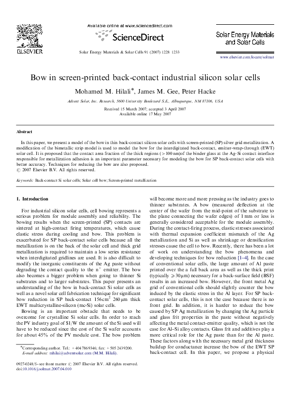 (PDF) Bow in screen-printed back-contact industrial silicon solar cells