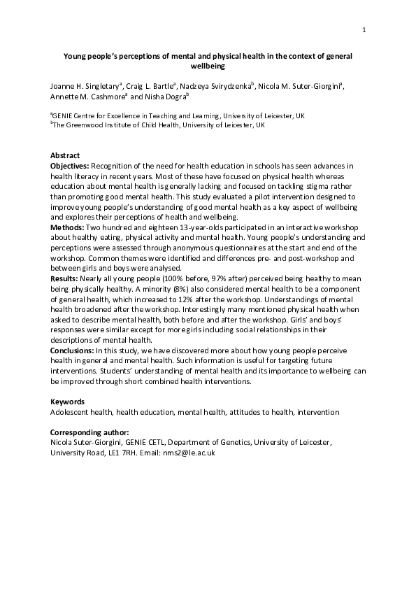 (PDF) Young people’s perceptions of mental and physical health in the context of general wellbeing