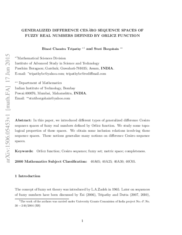 (PDF) Generalized difference Cesaro sequence spaces of fuzzy real numbers defined by Orlicz ...