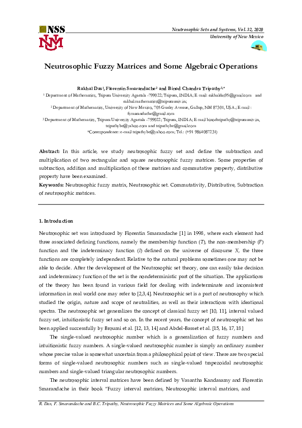 (PDF) Neutrosophic Fuzzy Matrices and Some Algebraic Operations