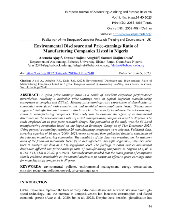 (PDF) Environmental Disclosure and Price-earnings Ratio of ...