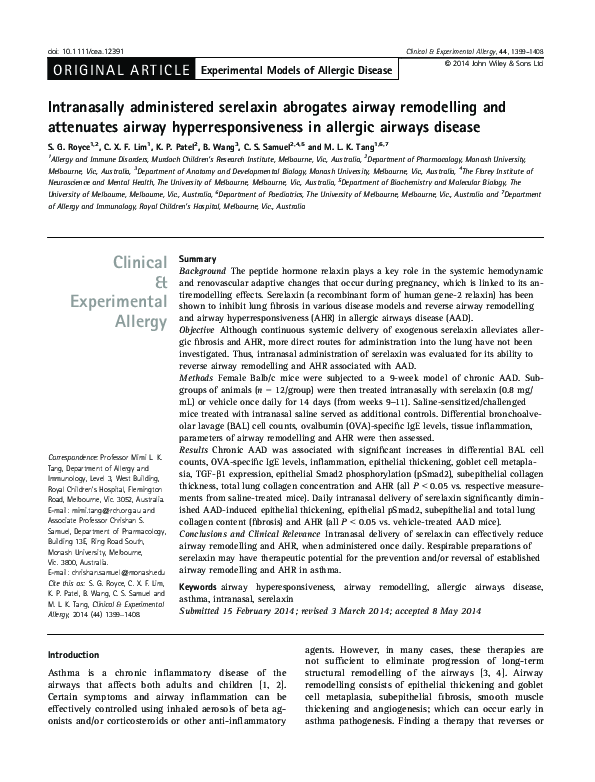 (PDF) Intranasally administered serelaxin abrogates airway remodelling ...