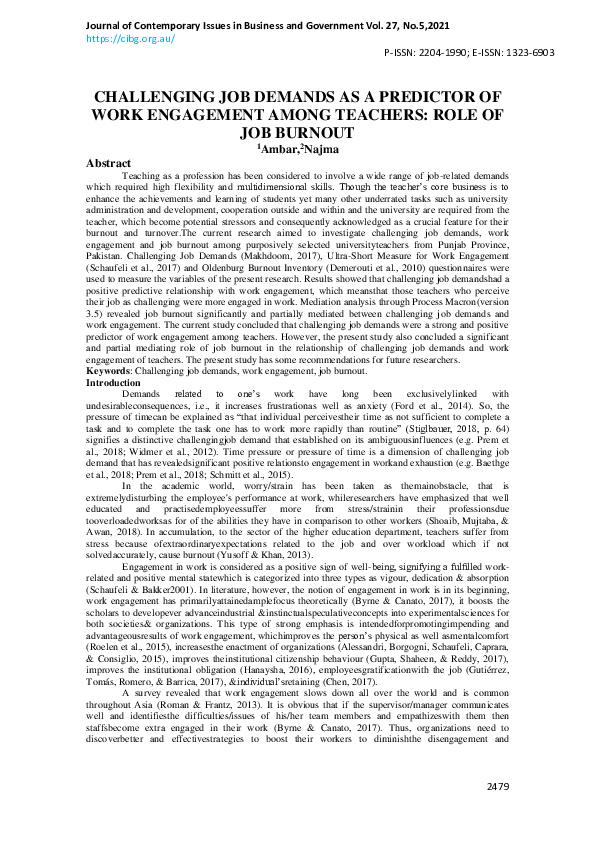 (PDF) Challenging Job Demands as a Predictor of Work Engagement Among ...
