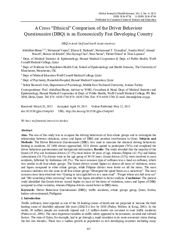 (PDF) A Cross “Ethnical” Comparison of the Driver Behaviour Questionnaire (DBQ) in an ...