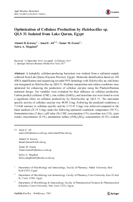 (PDF) Optimization of Cellulase Production by Halobacillus sp. QLS 31 ...