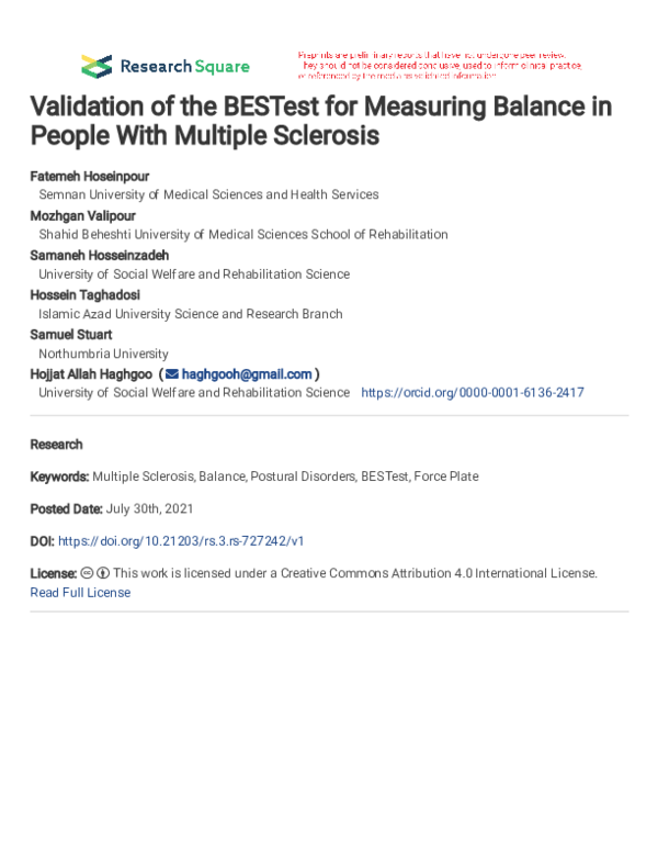 (PDF) Validation of the BESTest for Measuring Balance in People With ...