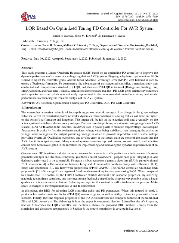 (PDF) The LQR Based On Optimized Tuning PD Controller For AVR System | Dr. Yasameen Azeez ...