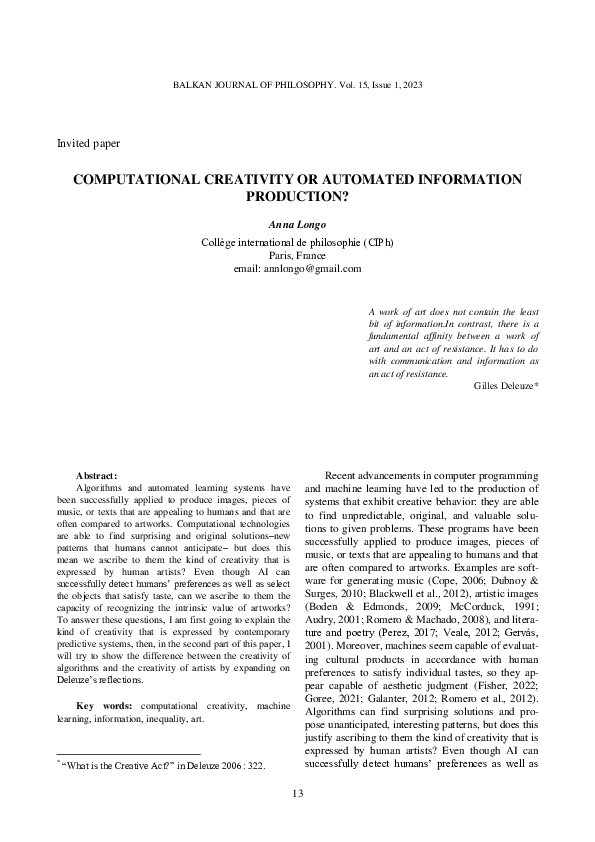 (PDF) COMPUTATIONAL CREATIVITY OR AUTOMATED INFORMATION PRODUCTION - Balkan Journal of philosophy