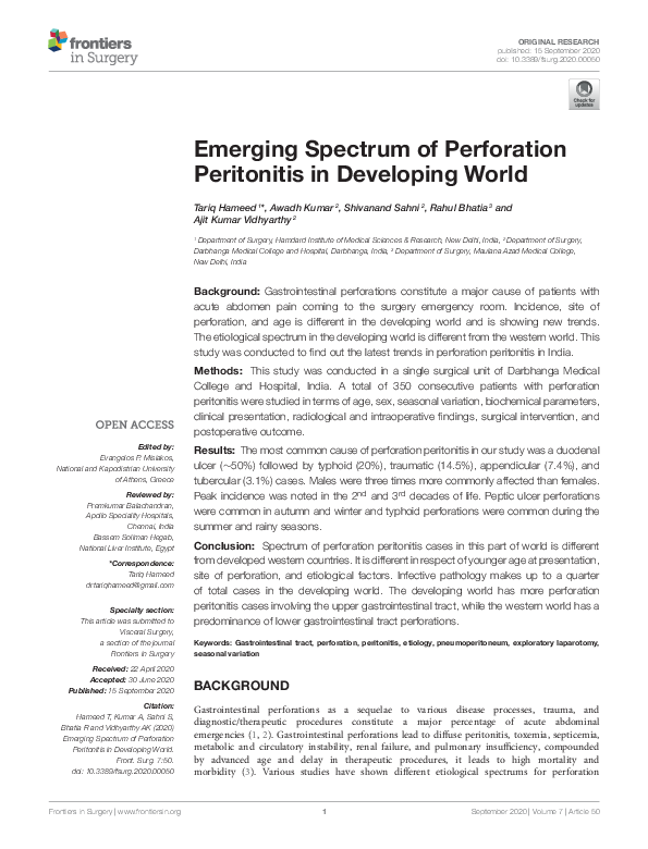(PDF) Emerging Spectrum of Perforation Peritonitis in Developing World