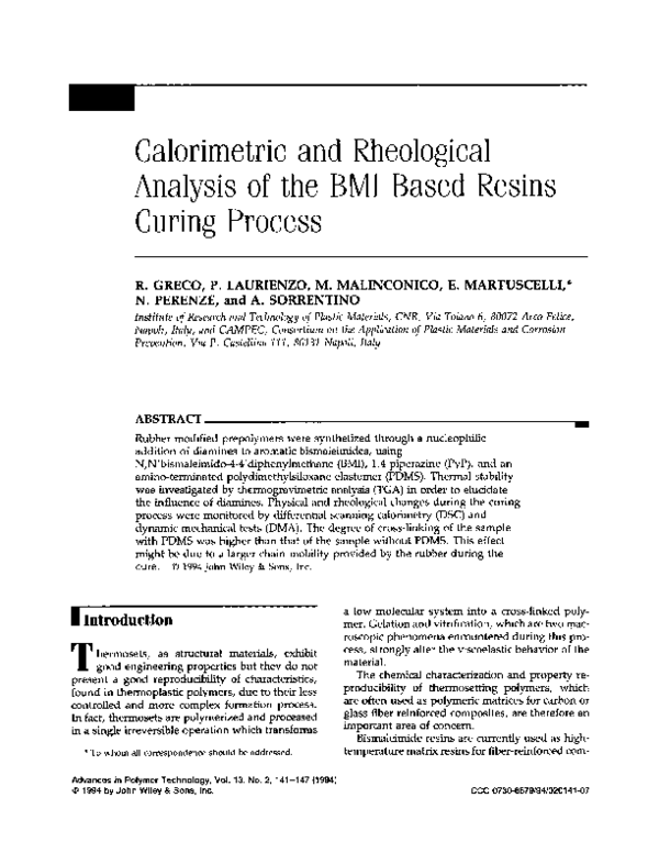 (PDF) Calorimetric and rheological analysis of the BMI based resins ...