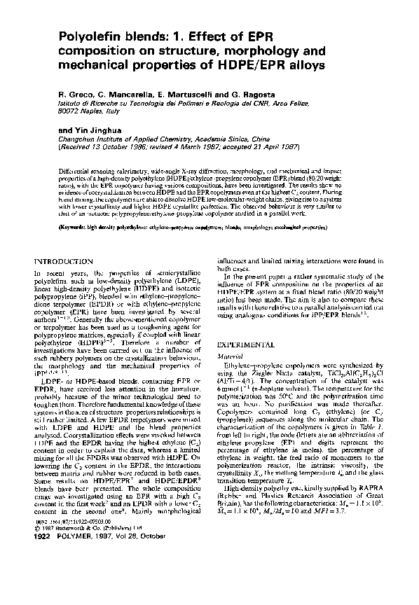(PDF) Polyolefin blends: 1. Effect of EPR composition on structure ...