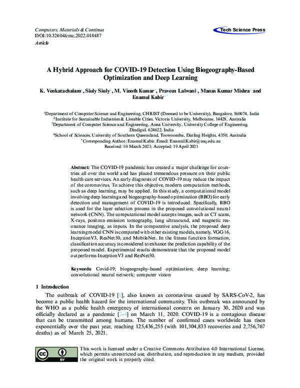 (PDF) A Hybrid Approach for COVID-19 Detection Using Biogeography-Based Optimization and Deep ...