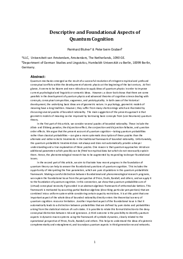(PDF) Descriptive and foundational aspects of quantum cognition