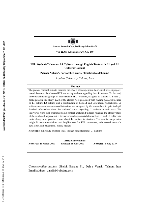 (PDF) EFL Students’ Views on L1 Culture through English Texts with L1 and L2 Cultural Content