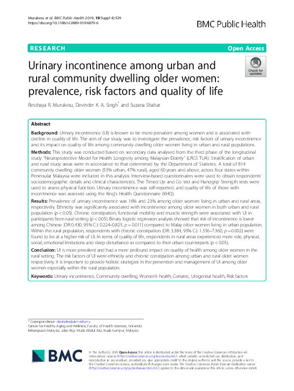 (PDF) Urinary incontinence among urban and rural community dwelling ...