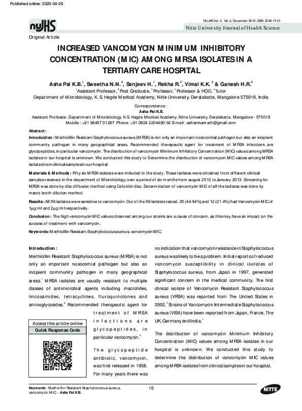 Pdf Increased Vancomycin Minimum Inhibitory Concentration Mic Among Mrsa Isolates In A