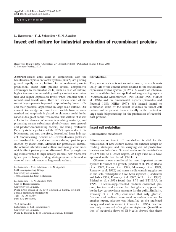 (PDF) Insect cell culture for industrial production of recombinant proteins